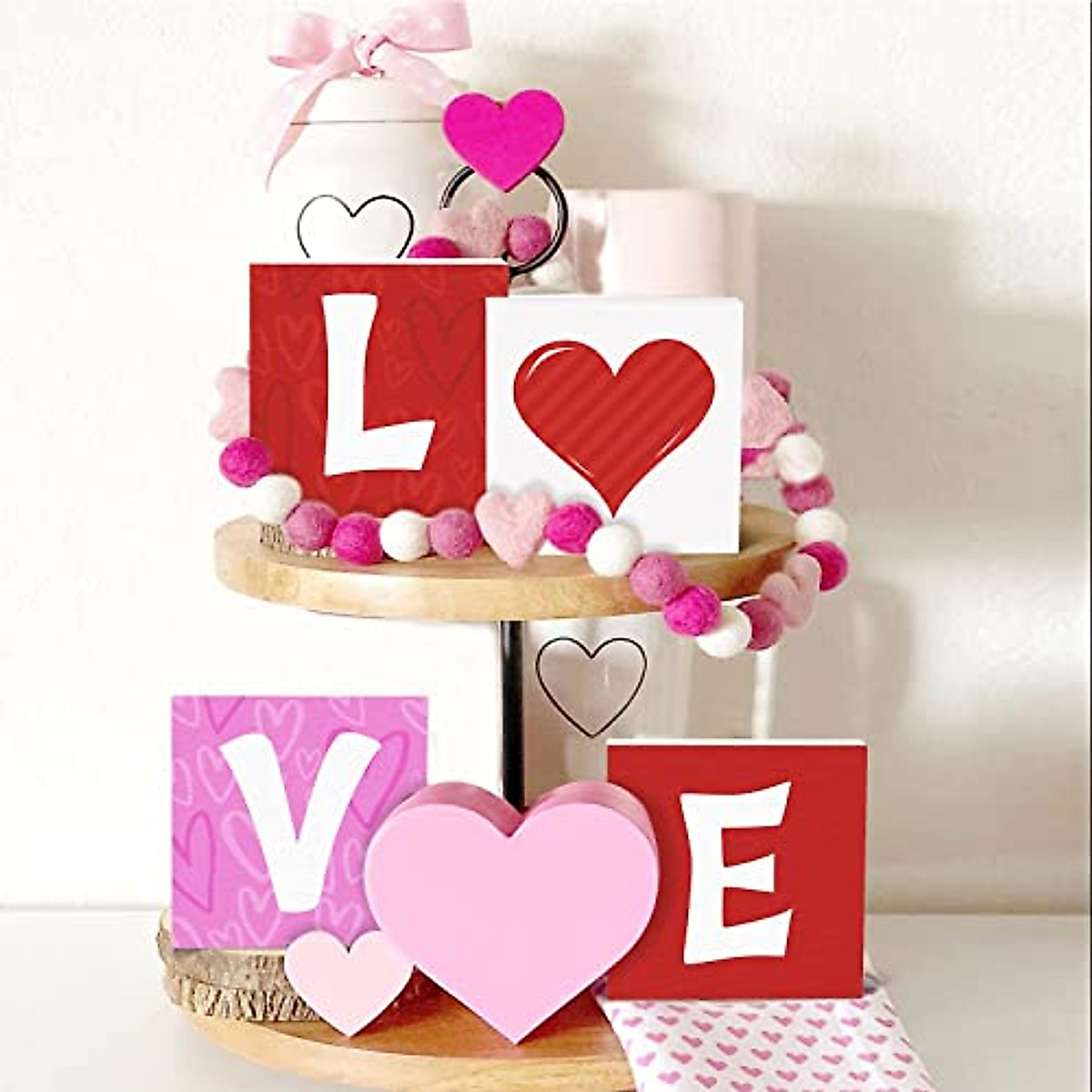 St. Patrick's Day Tiered Tray Decor Reversible Valentine's Day Wooden Sign St Patricks Decorations Lucky Shamrock Love Luck Heart Self-Standing Blocks Table Sign for Kitchen Irish Party Table Decor