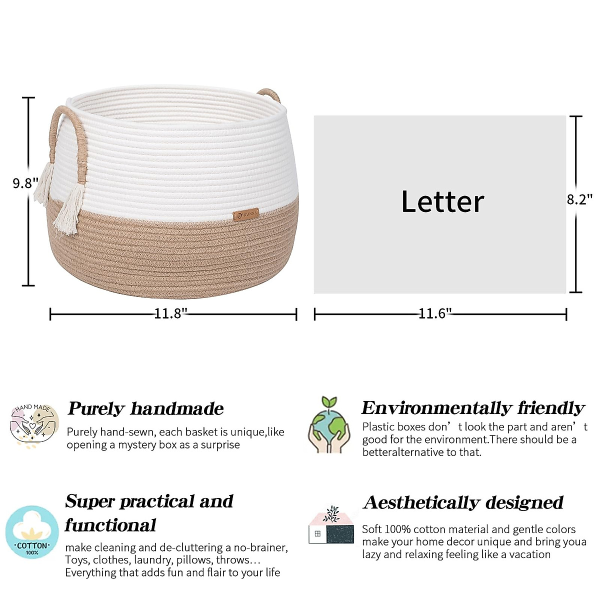 R RUNKA Small Basket for Stuffed Animal,Clothes,Baby Blankets -11.8"x9.8"- Boho Baskets for Living Room,Bedroom,Nursery |Cotton Rope Baskets, Cube Basket, Under Shelf Basket | Baskets for Home Decor