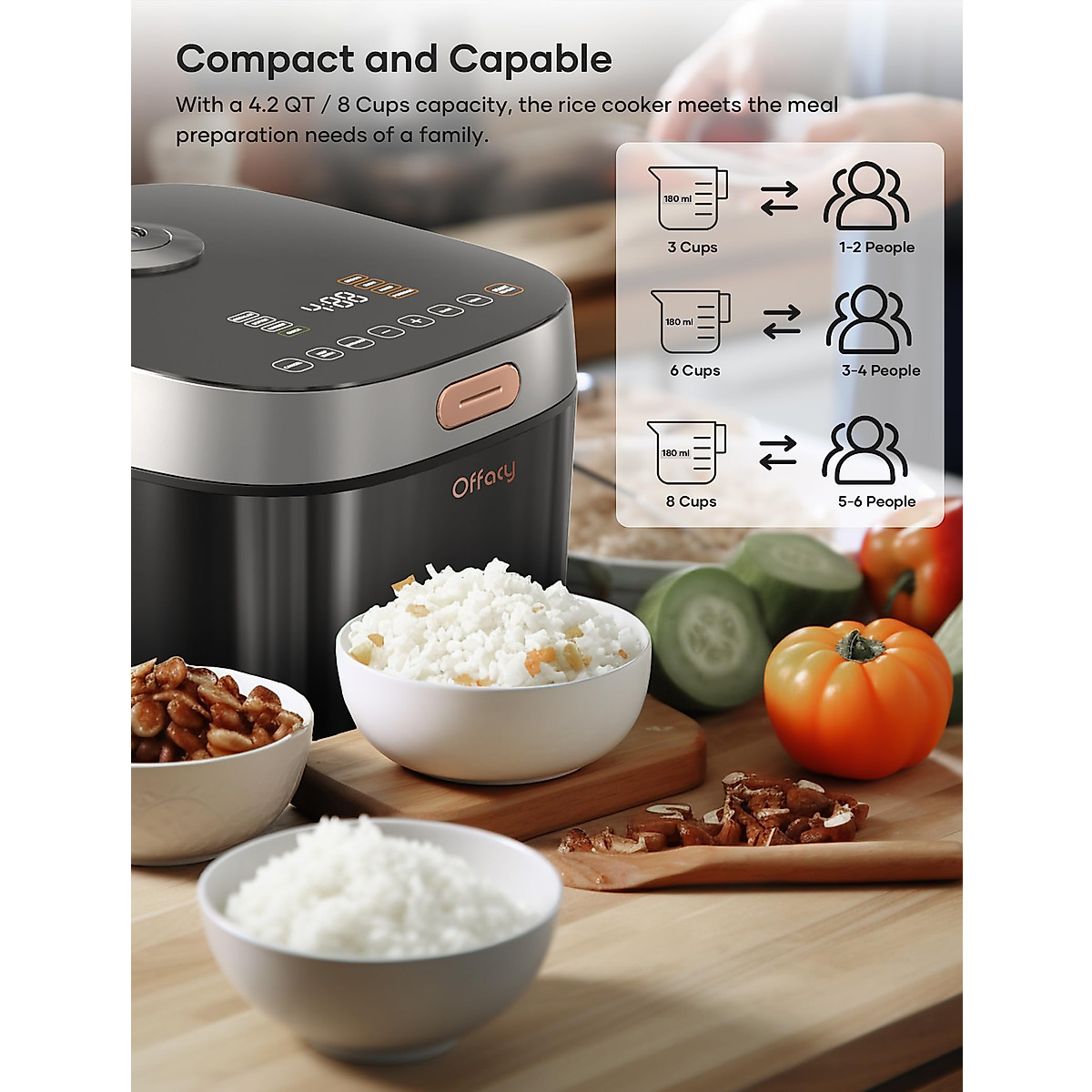 Offacy Rice Cooker Maker 8 Cup Uncooked 8 Preset Programs, Smart Fuzzy Logic, Large Stainless Steel Steamer, Friendly Touch Panel and LED HD Display, Auto Keep Warm, Quick Cook, Black