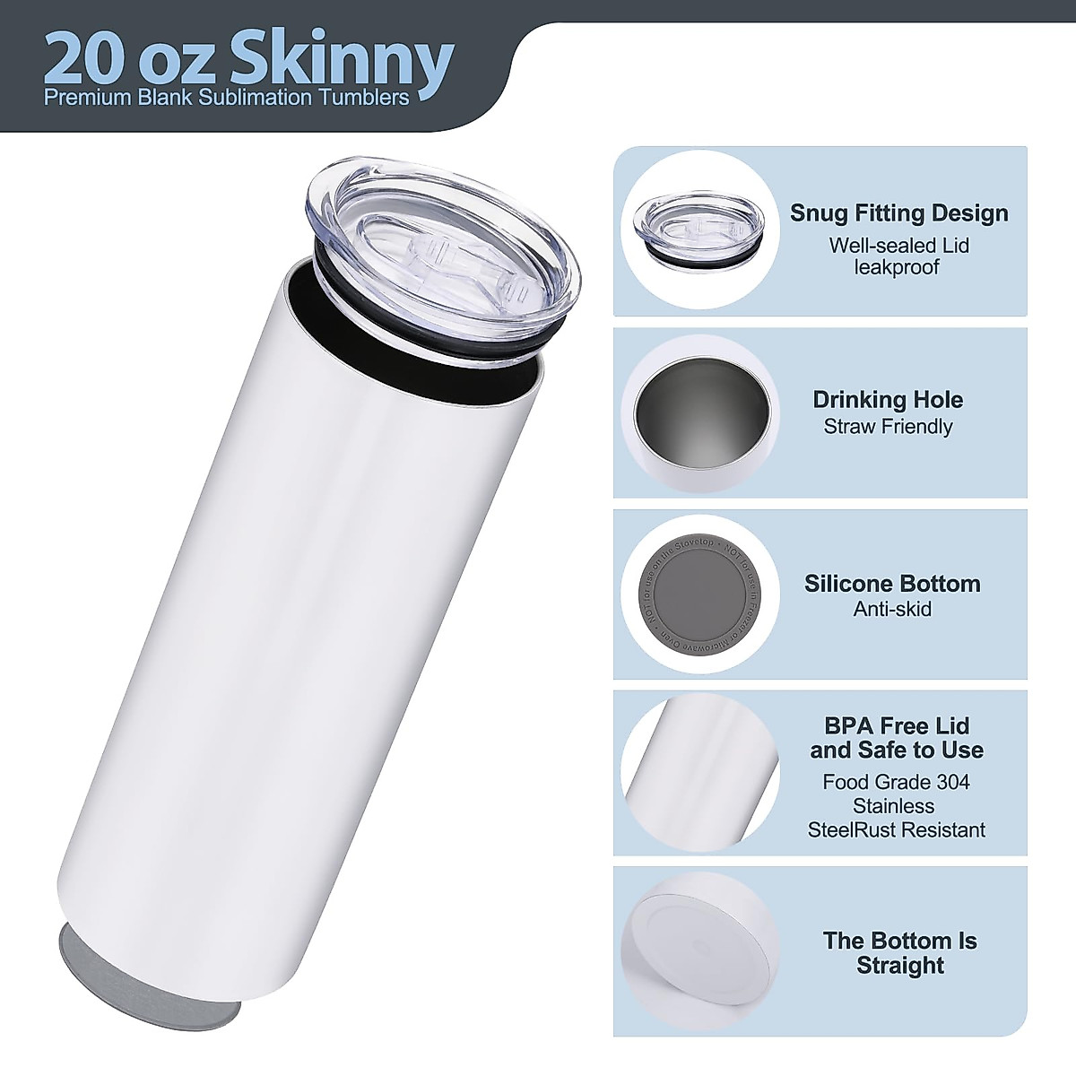 Sublimation Tumblers bulk 20 OZ Skinny Stainless Steel Double Wall Insulated Straight Sublimation Cups 16 Pack Blanks White Tumbler with Lid,Straw,Heat Resistant Tape&Shrink Sleeves,Individually Boxed