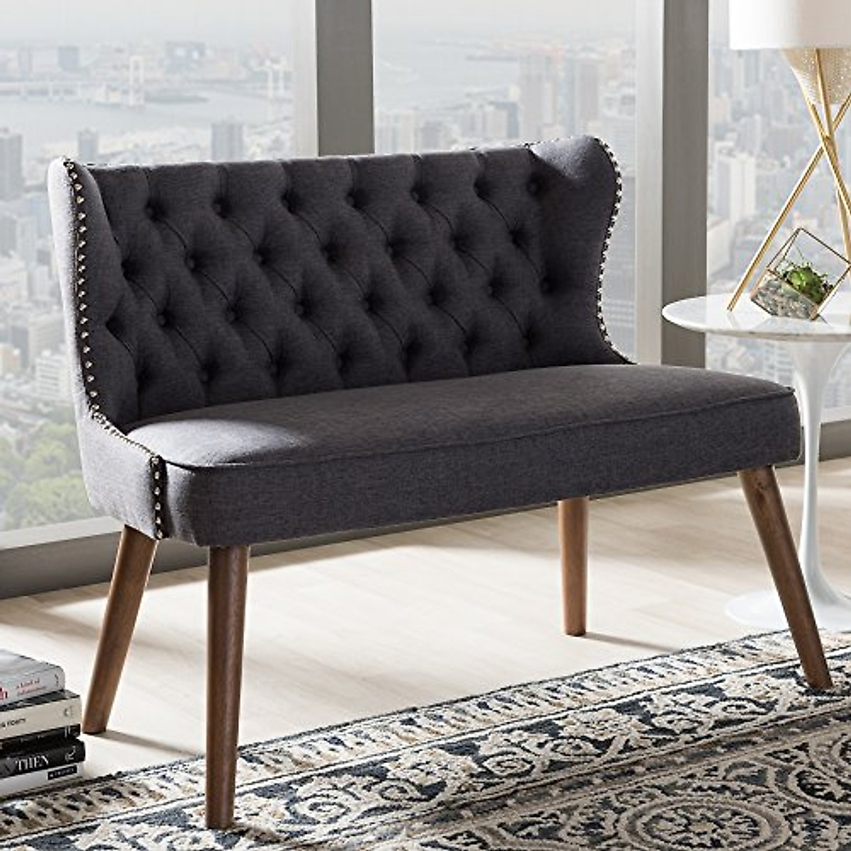 Baxton Studio Sydney Walnut Wood Button-Tufting with Nailheads Trim 2-Seater Loveseat Settee, Dark Grey