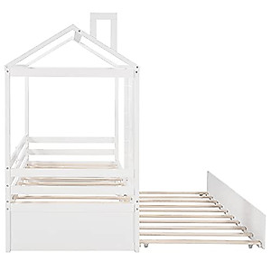 Merax Twin Size House Bed for Kids Wood House Bed Frame with Trundle and Window Storage Bed Frame for Kids Teens Adults