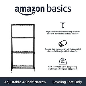 Amazon Basics 4-Shelf Adjustable, Storage Shelving Unit, (200 Pound Loading Capacity per Shelf), Steel Organizer Wire Rack, 13.4"D x 23.2"W x 48"H, Black