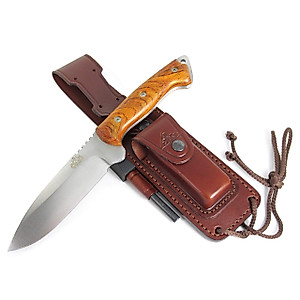 CELTIBEROCOCO - Outdoor / Survival / Hunting / Tactical Knife - Cocobolo Wood Handle, Stainless Steel MOVA-58 with Genuine Leather Multi-positioned Sheath + Sharpener Stone + Firesteel