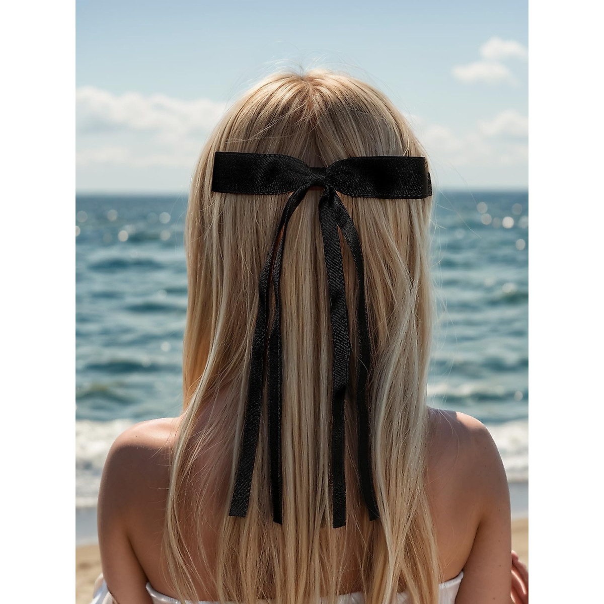 4pcs Hair Clips for Women Tassel Ribbon Bowknot With Long Tail, Clip Girl, Solid Accessories Barrettes Claw Bow (Black&Beige)