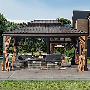 Binplax Outdoor Hardtop Gazebo Polycarbonate Double Roof Canopy Curtains Aluminum Frame with Netting for Garden, Patio (Metal Top, 12 * 16')