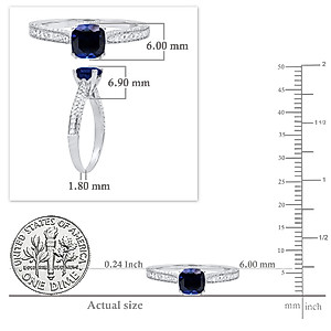 Dazzlingrock Collection 18K 6 MM Cushion Created Blue Sapphire And Round Diamond Women Ring, White Gold, Size 8.5