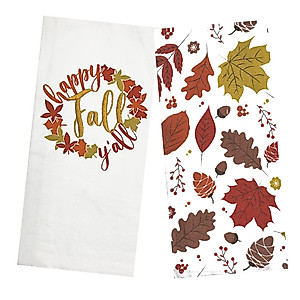 Mainstream Fall Kitchen Towels, Set of 2, Happy Fall Y all with Tossed Leaf Acorn Print Cotton Dual-Sided Terry Dishtowels Drying Cloth 16*26 inches White, Rust, Gold, Tan, Brown