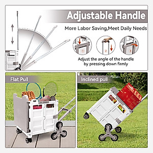 Foldable Utility Cart Portable Crate Rolling Dolly with Telescopic Handle,Can be Pulled diagonally, Magnetic Retractable Lid, 360°Swivel Climbing Wheels for Shopping Carrying Groceries Move White