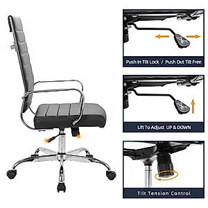 LANDSUN Home Office Chair Ribbed Leather High Back Executive Swivel Computer Desk Chairs with Wheels and Armrests Soft Padded Adjustable Height Modern Conference Task Black