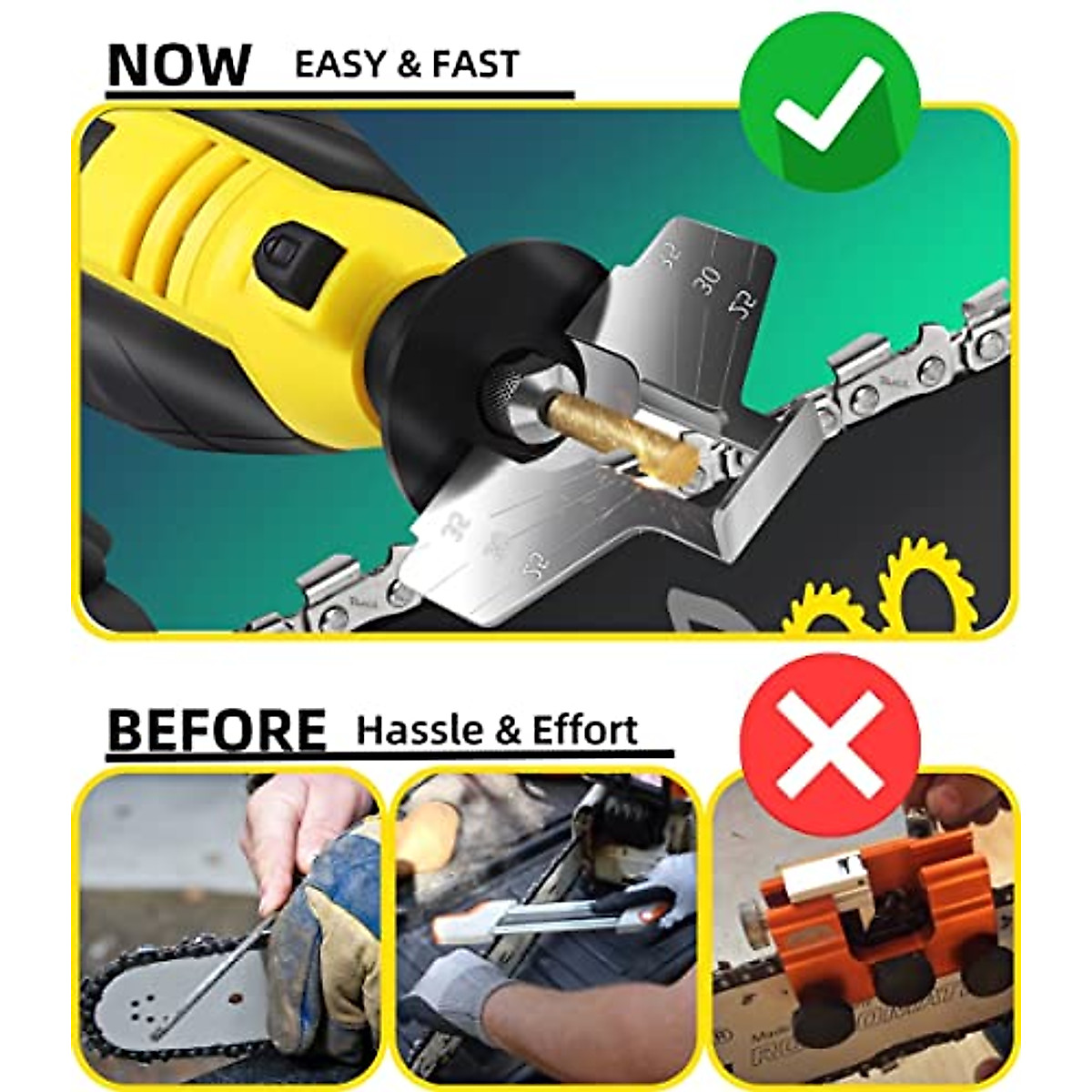 EzzDoo Electric Chainsaw Sharpener Kit with TITANIUM-PLATED Diamond Bits - High-Speed Chain saw Sharpener Tool and 4 Sizes High Hardness Sharpening Wheels For All Chainsaw Chains