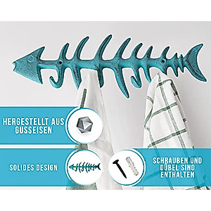 Comfify Decorative Fish Bones Wall Mounted Towel Rack Stylish Cast Iron Hanger w/ 4 “Fish” Hooks | Includes Screws and Anchors - Fish Bones Towel Hanger - Teal Blue