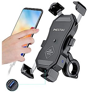iMESTOU (USB Type) Motorcycle USB Phone Mount Charger Handlebar & Rear-View Mirror Quick Charge Cellphone Holder Universal for 3.5"-6.8" Smartphones Works with 12V/24V Motorcycles