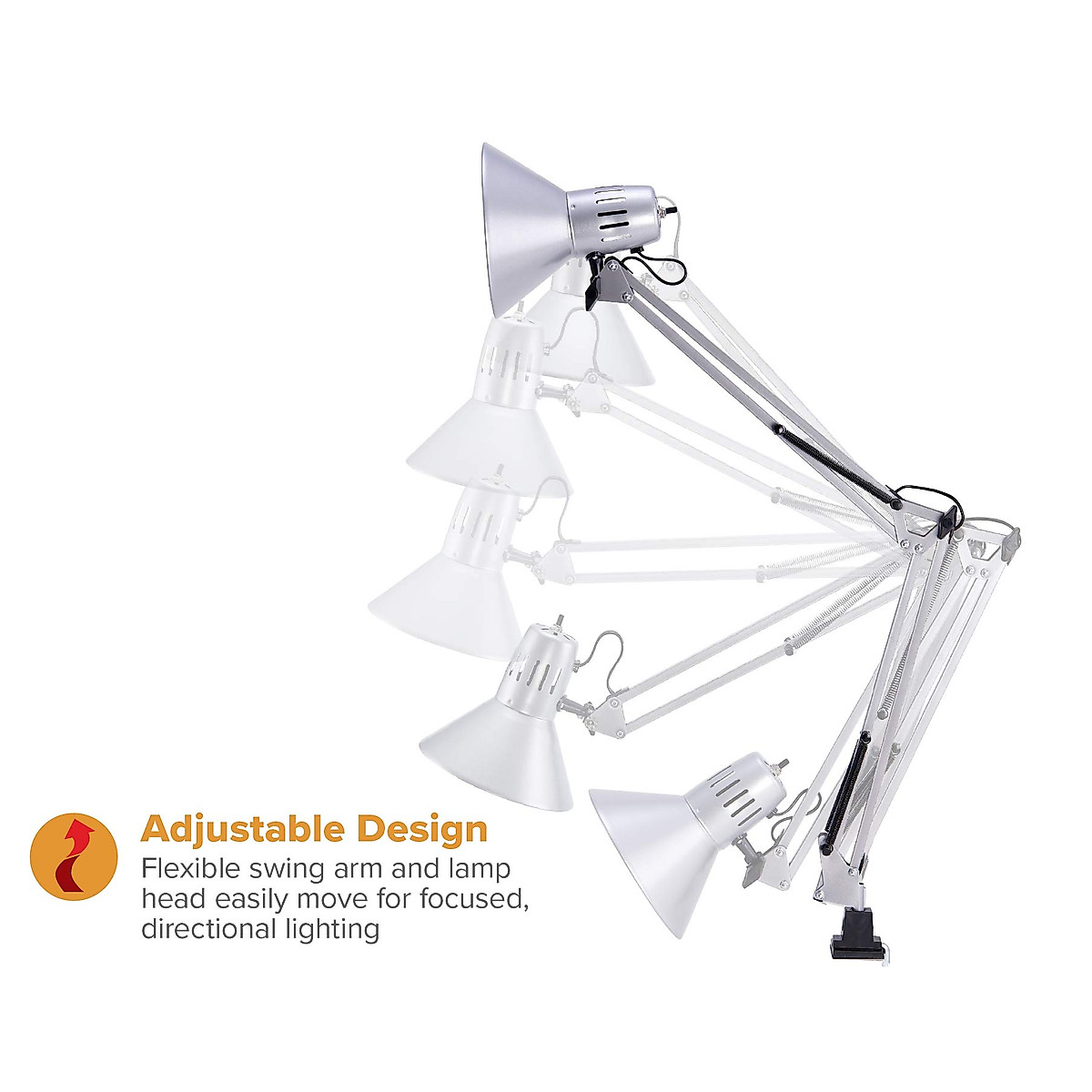 Bostitch Office VLF100-SLV Swing Arm Desk Lamp with Clamp Mount, 36" Reach with Multi-Joint Adjustment, Includes Replaceable LED Bulb (VLF), Silver