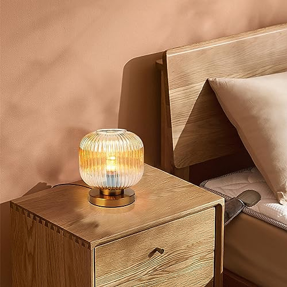 Auwieou Modern Table Lamps Gold Table lamp Amber Ribbed Glass Shade Desk lamp Bedside Table lamp nightstand lamp Small Table lamp for Bedroom Living Room Office end Table Side