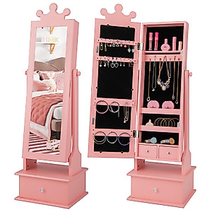 Costzon Kids Jewelry Armoire Cabinet, 45” Standing Jewelry Organizer with Full-Length Mirror, 3 Storage Drawers, Kids Vanity Dress Up Mirror Jewelry Cabinet for Girls (Pink)