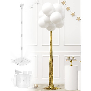 HOUSE OF PARTY DIY Balloon Topiary Stand - Balloon Holder with White Balloons & Gold Foil Curtain, Centerpiece Balloon Column for Wedding & Engagement Decorations