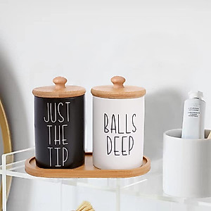 VICUKIE Apothecary Jars, Ceramic Qtip Holder and Cotton Ball Holder, Exquisite Apothecary Jars with Lids, Farmhouse Bathroom Decor with Bamboo Tray, Rustic Bathroom Decor, Bathroom Accessories (BLACK AND WHITE ROUND LID)