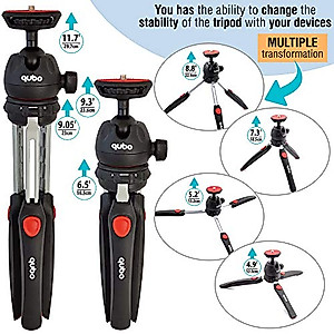 qubo Mini Tripod for Camera and Phone - Tabletop Small Phone Tripod Mount for GoPro iPhone / Cell Phones Webcam Projector Compact DSLR - Hand Desktop Camera Tripod Stand Table