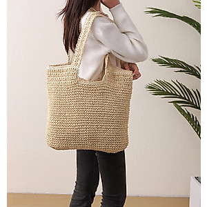 GOLDTIMO Beach Bags for Women - Summer Soft Large Woven Shoulder Purse Handbag, Beach Tote Straw Bag for Summer Vacation, Beige