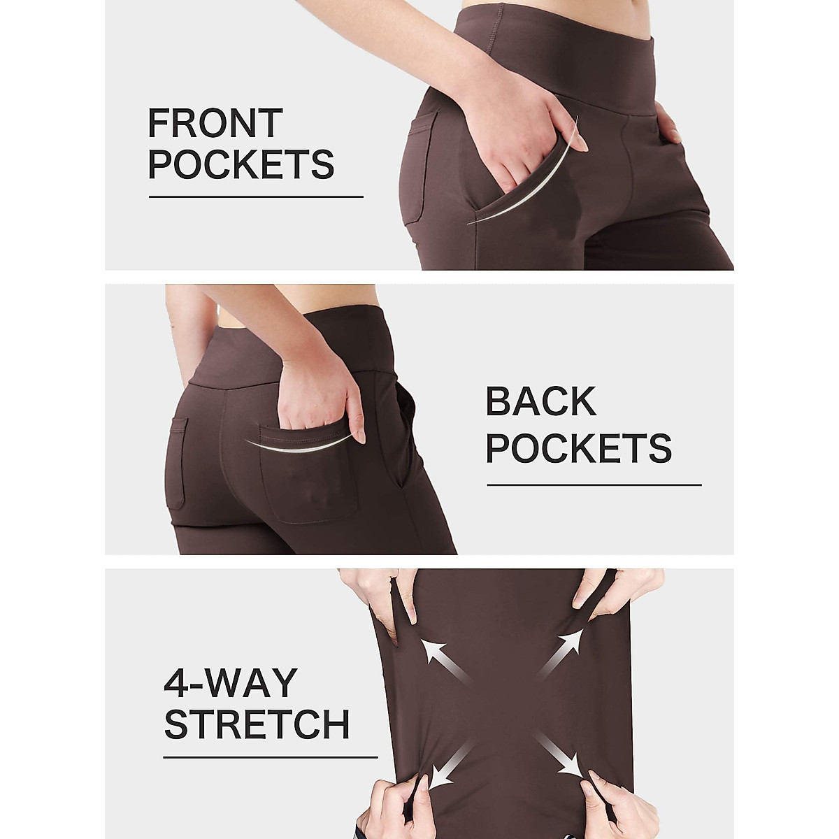 nuveti Women's High Waisted Boot Cut Yoga Pants 4 Pockets Workout Pants Tummy Control Women Bootleg Work Pants Dress Pants (Brown, Large)