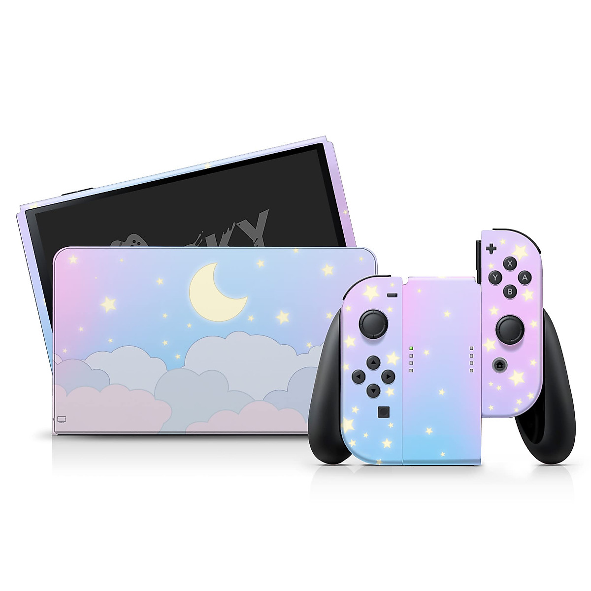 Tacky Design BlueClouds skin for Nintendo Switch OLED Skin - Vinyl 3M Stickers set - Cute Moon skin Compatible with Nintendo Switch OLED Skin Joy Con, Console, Dock - Decal Full Wrap