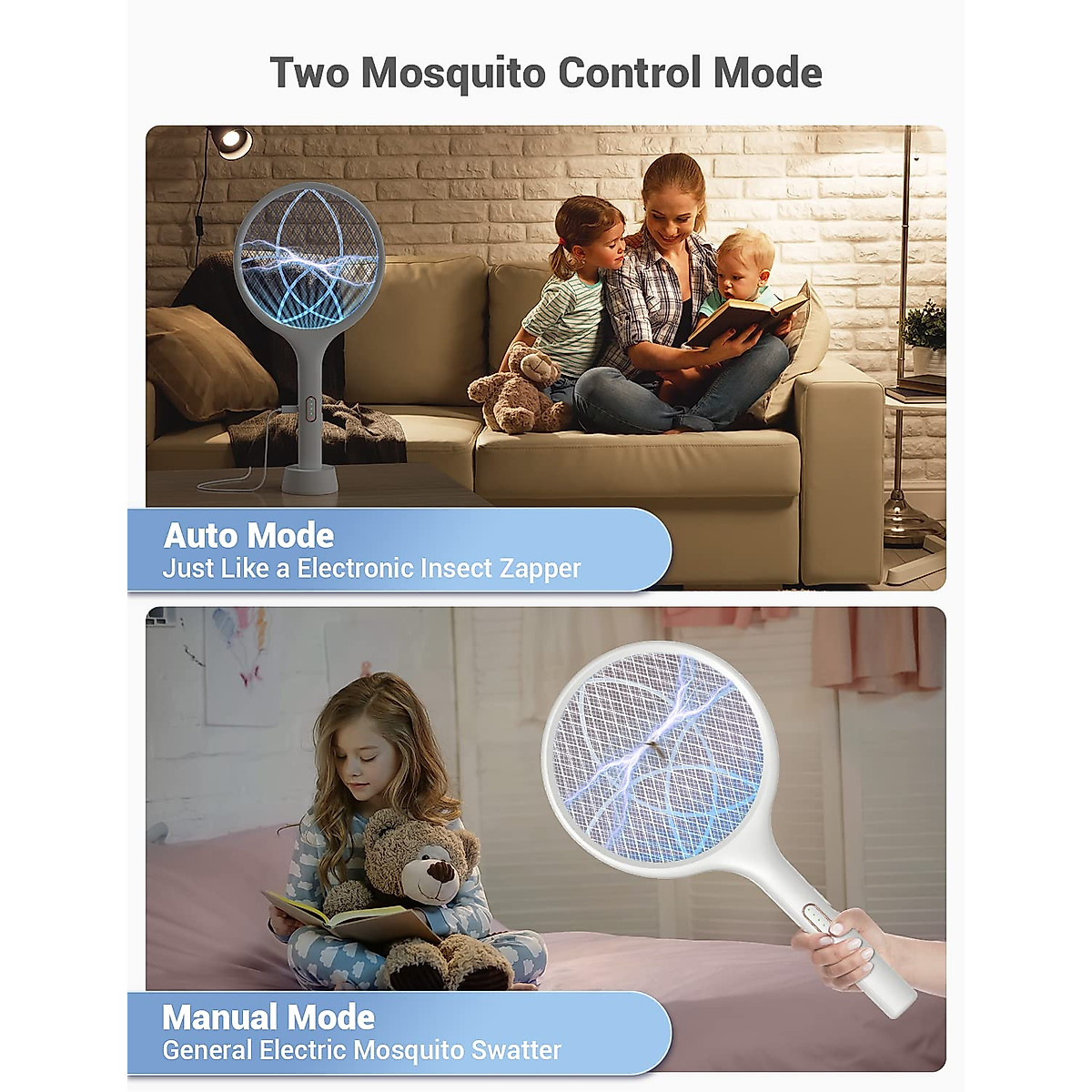 YISSVIC Electric Fly Swatter 4000V Bug Zapper Racket Dual Modes Mosquito Killer with Purple Mosquito Light Rechargeable for Indoor Home Office Backyard Patio Camping (White)