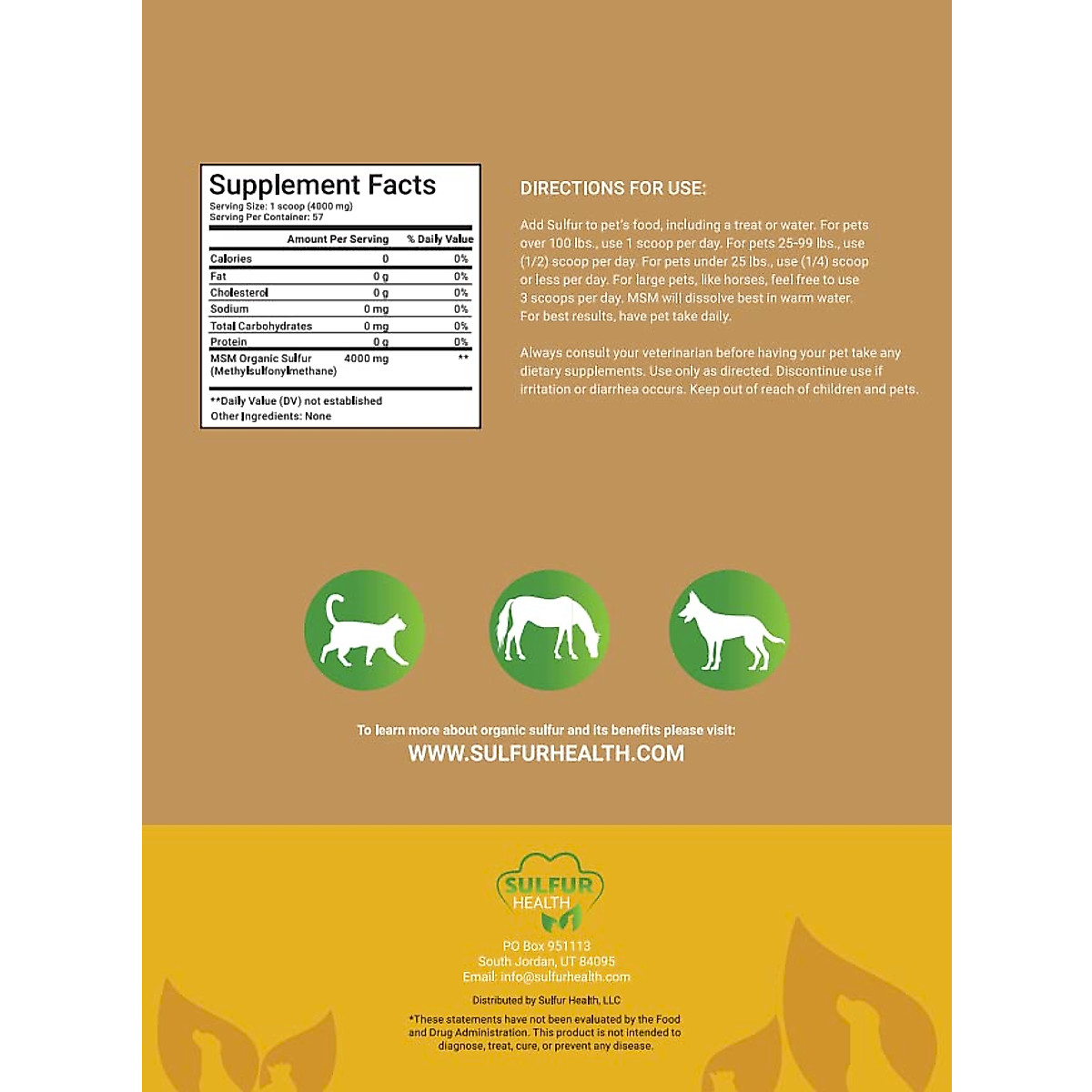 Organic Pet Sulfur - 99.9% Pure MSM Supplement for Pets - Lab-Tested and Certified Pet MSM
