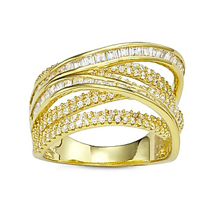 Celebration Moments 14KT Yellow Gold, Rose Gold Plated .925 Sterling Silver Channel Set and Cubic Zirconia CZ Cross Over Cockatail Ring For Women Sizes 5-10 (14kt Yellow Gold, 6)