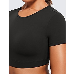 CRZ YOGA Womens Butterluxe Double Lined Open Back Crop Tops Backless Short Sleeve Workout Shirts Casual Tight T-Shirts Black Medium