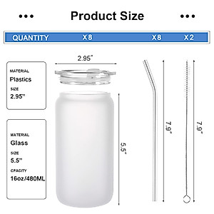 JMScape Sublimation Glass Cans Blanks with Plastic Lids and Straws 8pcs Set - 16oz Frosted Glass Cups, Sublimation Beer Can Glass Tumblers for Iced Coffee Juice Soda Drinks