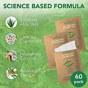 NOVEHA Tea Tree & Coconut Oil Eyelid & Lash Wipes | For Demodex, Blepharitis & Itchy Eyes, Box Of 60 Individually Wrapped Eyelash Wipes With Aloe Vera, Natural Makeup Remover & Daily Eye Cleanser