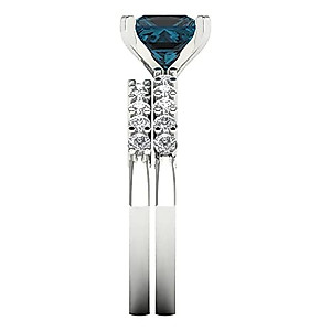 Clara Pucci 2.63ct Princess Cut Pave Solitaire with Accent Natural London Blue Topaz Statement Bridal Ring Band Set 14k White Gold 7.75