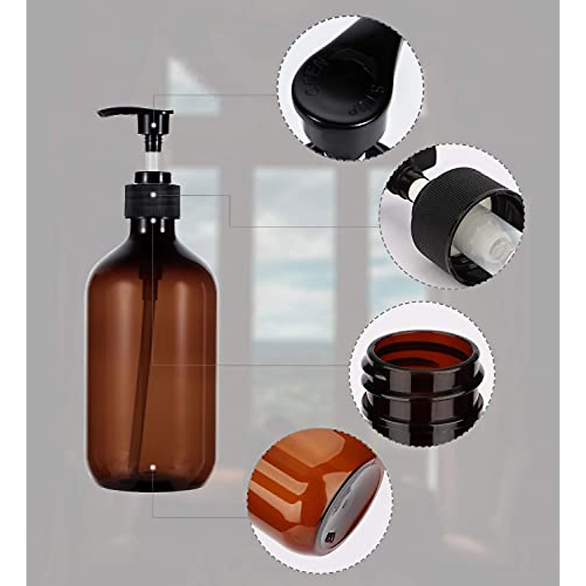 sdoot Shampoo Bottles with Pump, 17oz Refillable Amber Plastic Pump Dispenser Bottle for Soap Shampoo Conditioner, 2 Pack