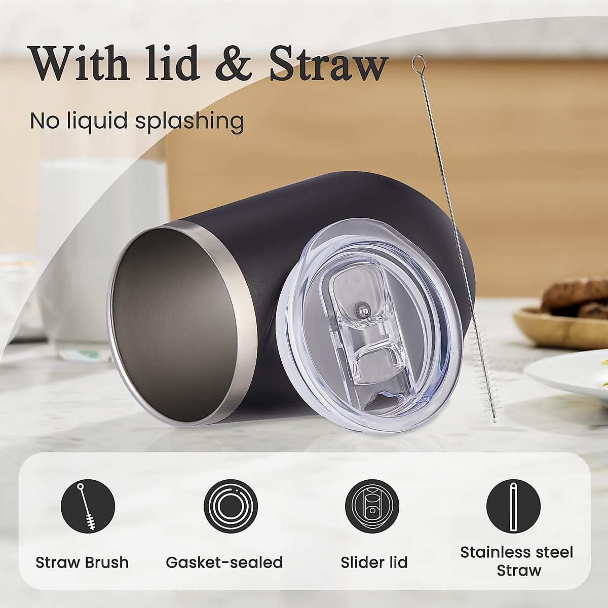 MEWAY 12oz Wine Tumbler Glasses with Lid and Straw - Stemless Double Wall Vacuum Stainless Steel Tumbler Keeping Cold & Hot for Wine,Drinks - Family and Gifts, Ideal for Travel and Office(Black,1)