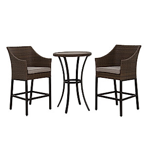 Grand patio 3-Piece Patio Bar Set, Outdoor Wicker Bar Stools Set with Olefin Cushions and Faux-Wood Table Top,Bar Table and Chairs Set for Garden,Backyard,Traditional American Style-Brown