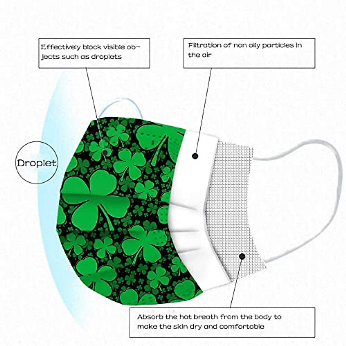 10 PC St Saint Patricks Day Disposable Face_Mask for Adults, Breathable Face_Mask with Shamrock Print,Green Disposable_mask with Nose Wire for Women Men Holiday Party