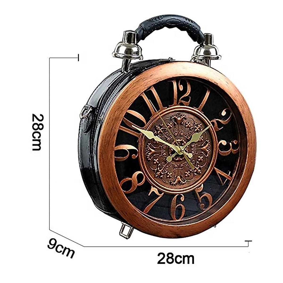 Alarm Clock Handbag Real Working Women Fashion Diagonal Shoulder Bag Leather Vintage Clock Round Box Personalized SteamPunk Style Messenger bag (A)