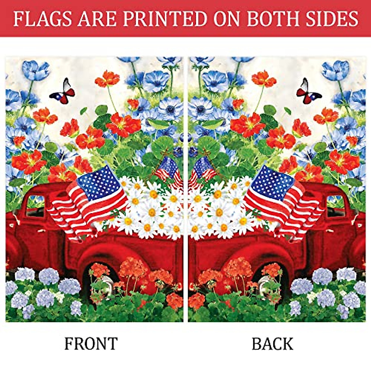 Texupday Patriotic Red Truck Celebrate The USA Double Sided America Floral Daisy Garden Flag Outdoor Yard Flag 12" x 18"
