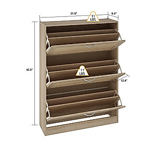 ECACAD 31.5" L Rattan Narrow Shoe Cabinet with 3 Flip Drawers, Freestanding Shoe Storage Organizer, Modern Shoe Organizer Cabinet with Rattan Doors for Entryway, Brown