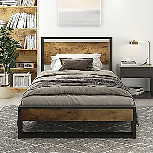 IMUsee Twin Bed Frame with Wood Headboard, Rustic Farmhouse Twin Platform Bed Frame for Kids with Heavy Duty Strong Metal Slats Support, Modern Bed Framework, No Box Spring Needed, Easy Assembly