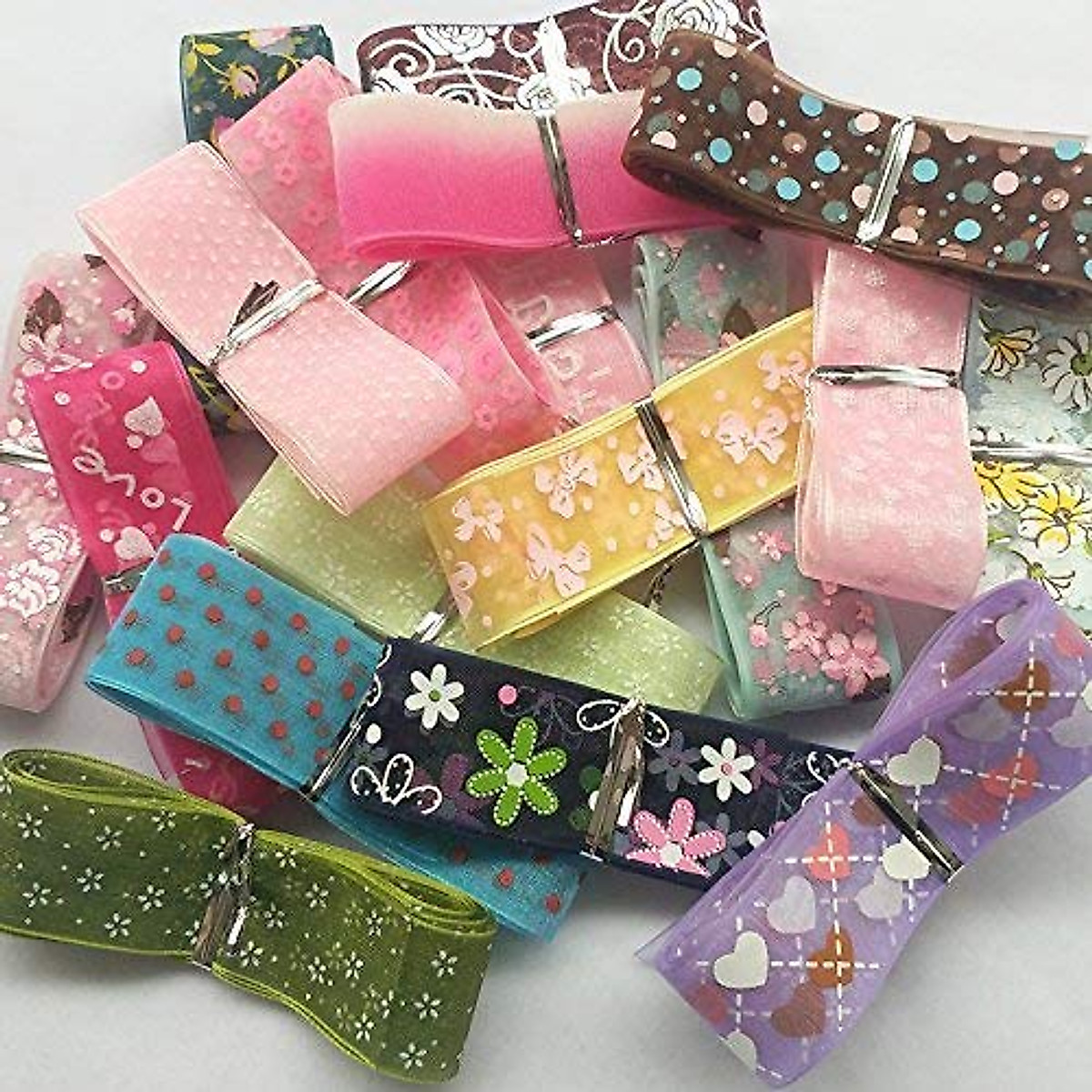 Chenkou Craft Random 20 Yards 1" 25MM Mix Lots Spring Summer Organza Ribbon Assorted Dots Bow Flower Love Heart Rose (Organza Ribbon 1")