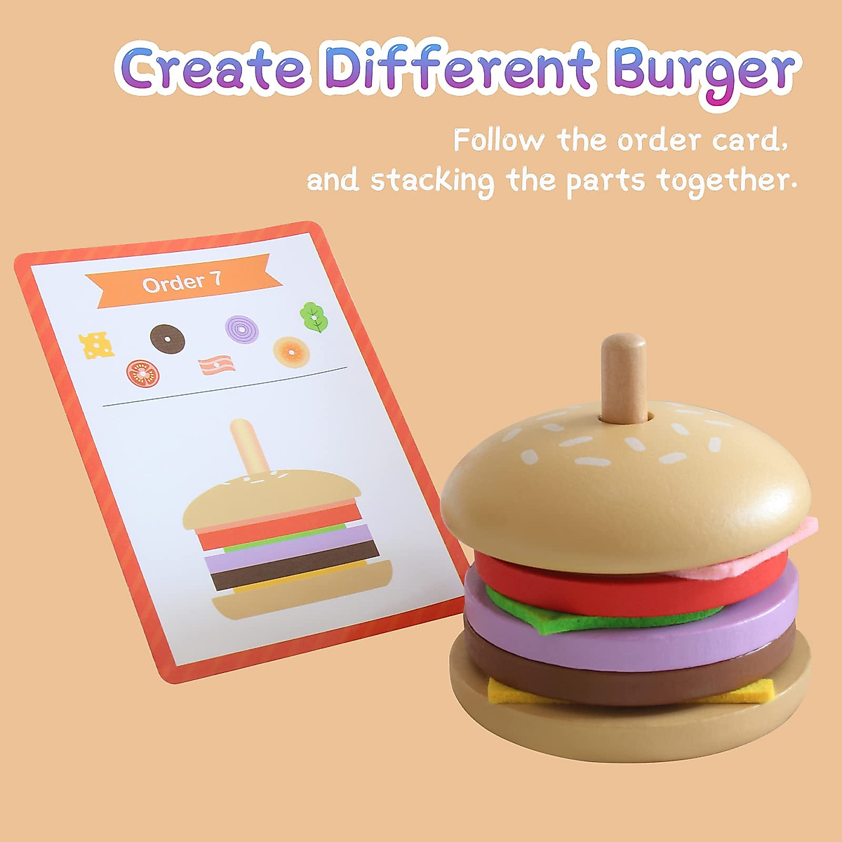 Wooden Montessori Toys for 1 2 3 4 5 Year Old, Stacking Rings Toy & Play Food Toy 2 in 1, Fine Motor Skills Learning Toys for Toddlers Kids - with Order Cards