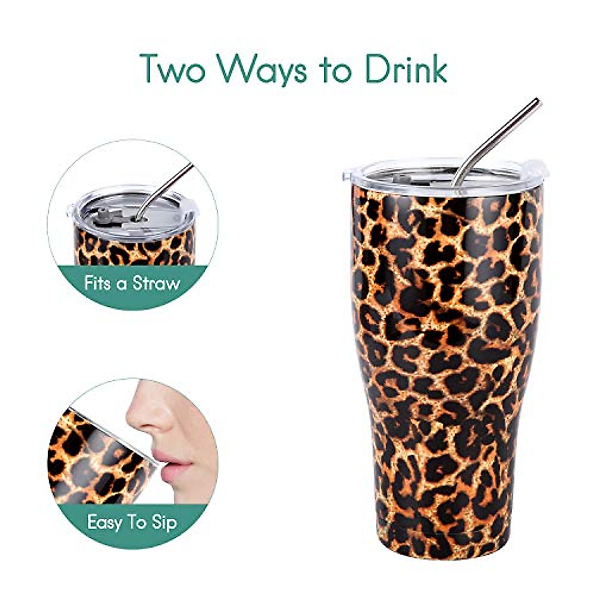 BR JUNKER 30 oz. Tumbler Double Wall Stainless Steel Vacuum Insulation Travel Mug with Crystal Clear Lid and Straw, Water Coffee Cup for Home,Office,School, Ice Drink, Hot Beverage,Leopard,Slim