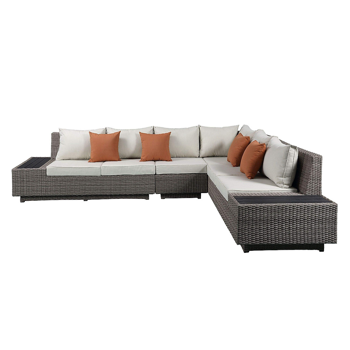 DHPM Furniture PE Brown Rattan Wicker Sectional Outdoor Sofa Set Outside Couch w/Washable Seat Cushions & Modern Glass Wedge Table for Patio, Backyard, Gray