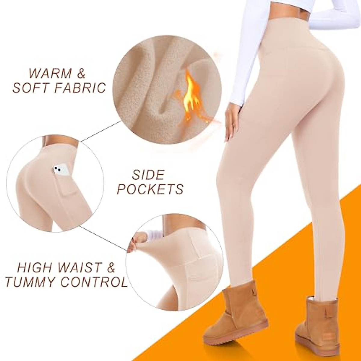 MOREFEEL Fleece Lined Leggings with Pockets for Women High Waisted Thermal Winter Tummy Control Yoga Pants Workout Tights Khaki