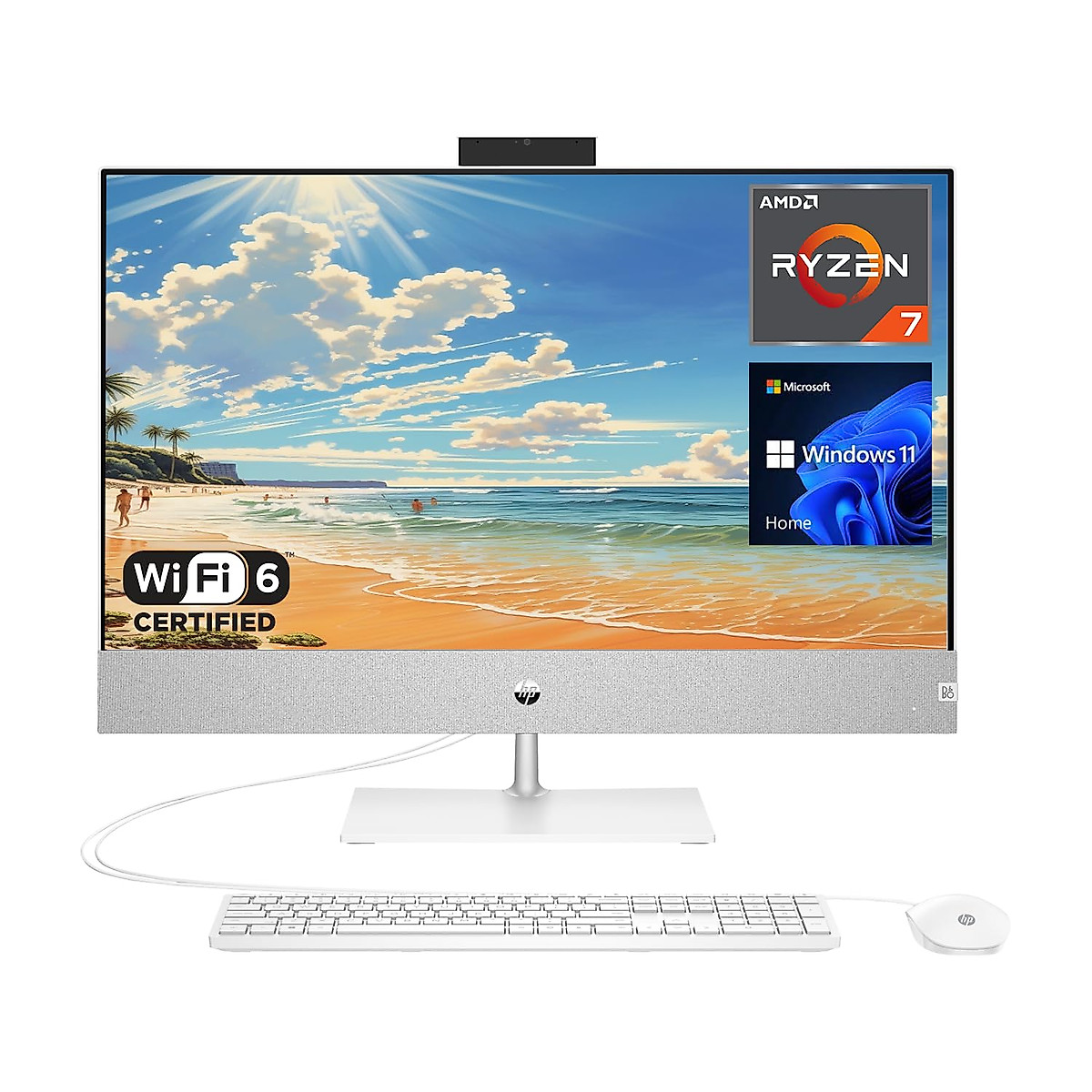 HP Pavilion All-in-One Desktop, 27" FHD Display, AMD Ryzen 7 5700U Processor, 16GB RAM, 1TB SSD, Micro-Edge, Anti-Glare, Wi-Fi 6, Webcam, HDMI, Wired Keyboard&Mouse, Windows 11 Home, White