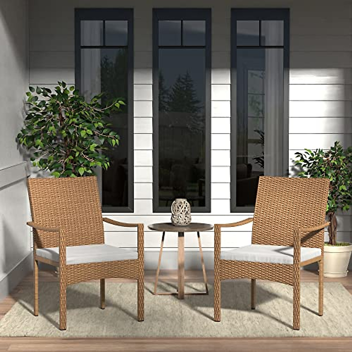 Amazon Brand - Ravenna Home Set of 2 Coastal Outdoor Patio Dining Chairs with Cushion, Weather-Resistant PE Rattan Wicker - Beige