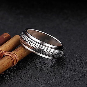 JUNTEN 925 Sterling Silver Greek Key Pattern Spinning Worry Band Spinner Rings for Men Women, Size 10
