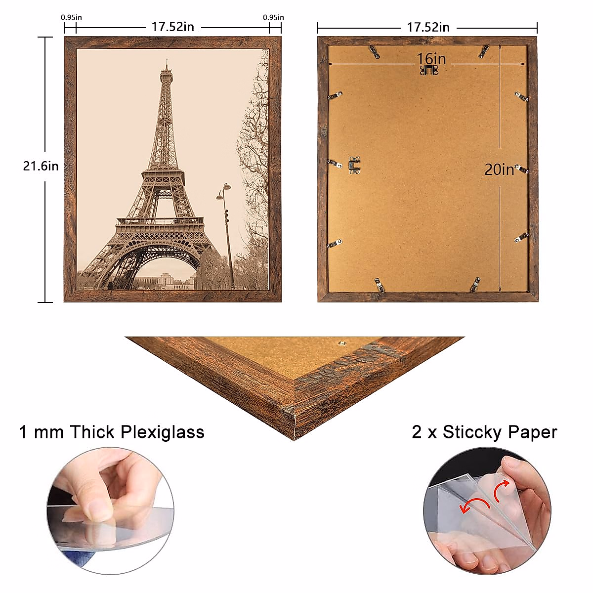 Capcillin 16x20 Picture Frame Wood Pattern Rustic Brown Poster Frame, Wall Mounting, Plexiglass, Great for Prints, Mural,and Art（CP003-MD16x20-BR）